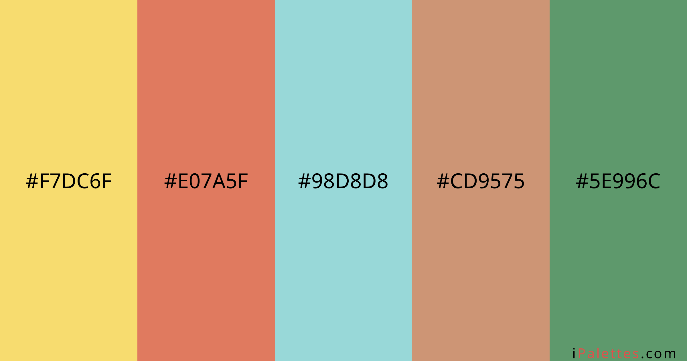 Brat summer Color Palette and colors #f7dc6f #e07a5f #98d8d8 #cd9575 ...