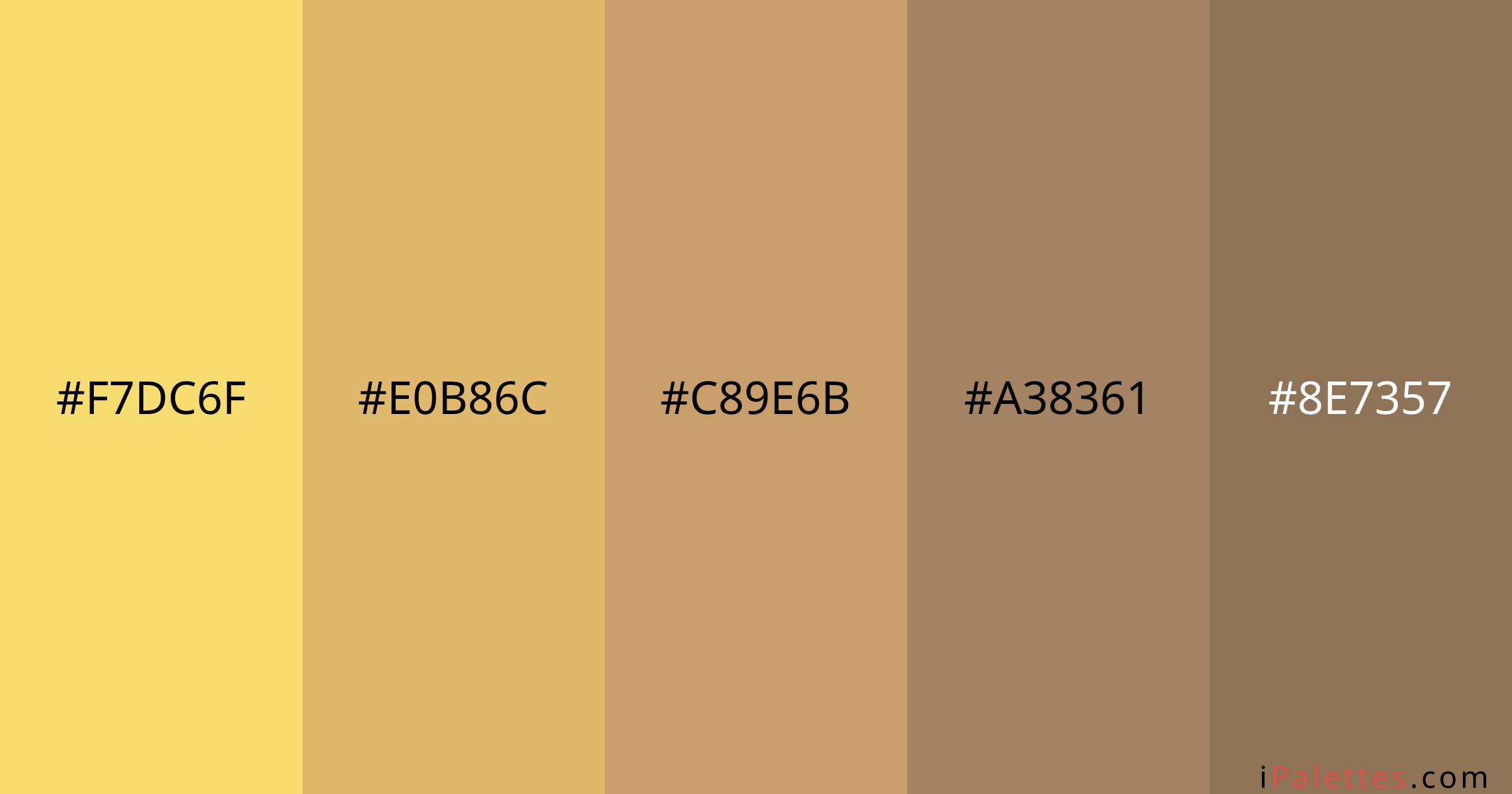 Bliss Color Palette and colors #f7dc6f #e0b86c #c89e6b #a38361 #8e7357 ...