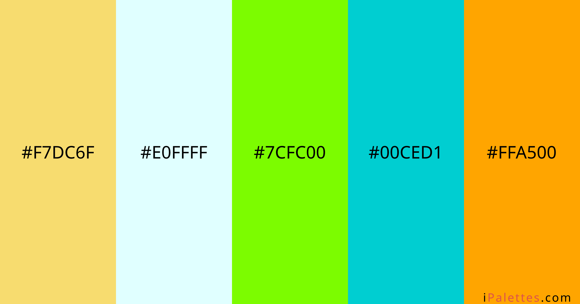 Summer Color Palette and colors #f7dc6f #e0ffff #7cfc00 #00ced1 #ffa500 ...