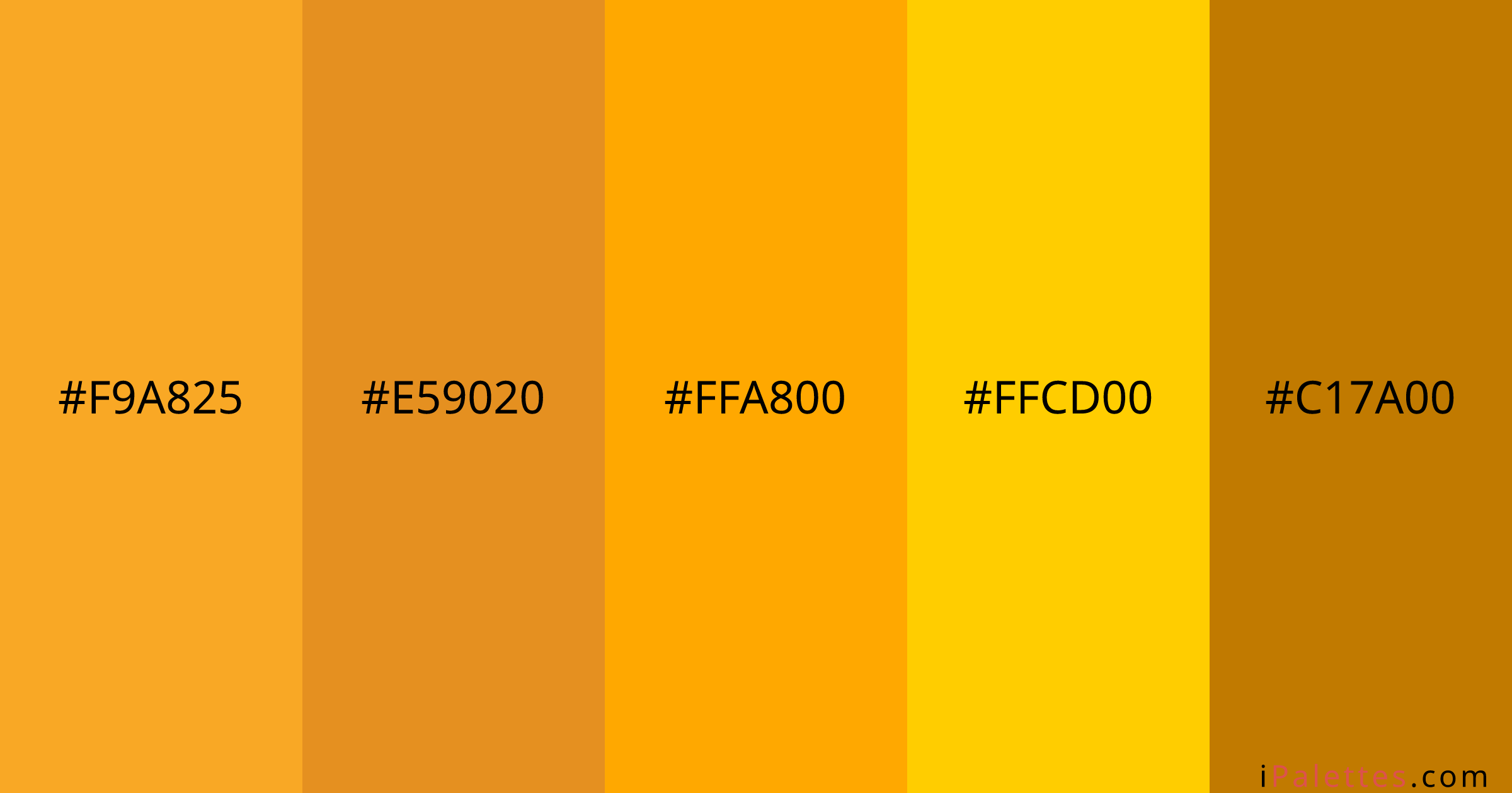 Ginger Color Palette and colors #f9a825 #e59020 #ffa800 #ffcd00 #c17a00 ...