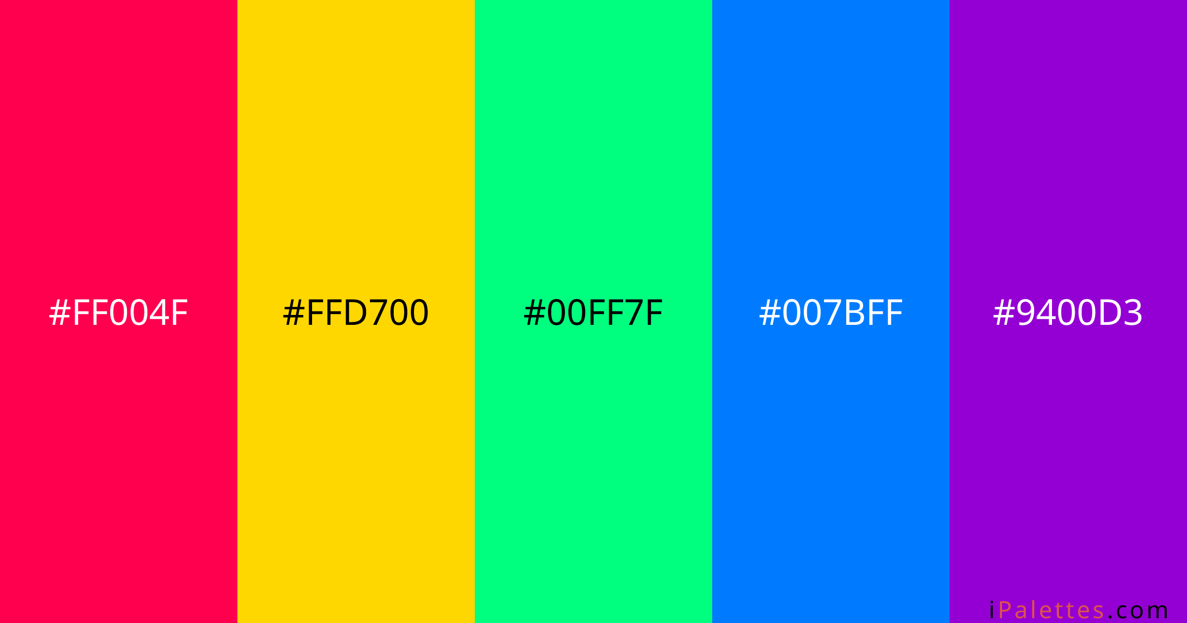 Neon rainbow Color Palette and colors #ff004f #ffd700 #00ff7f #007bff ...