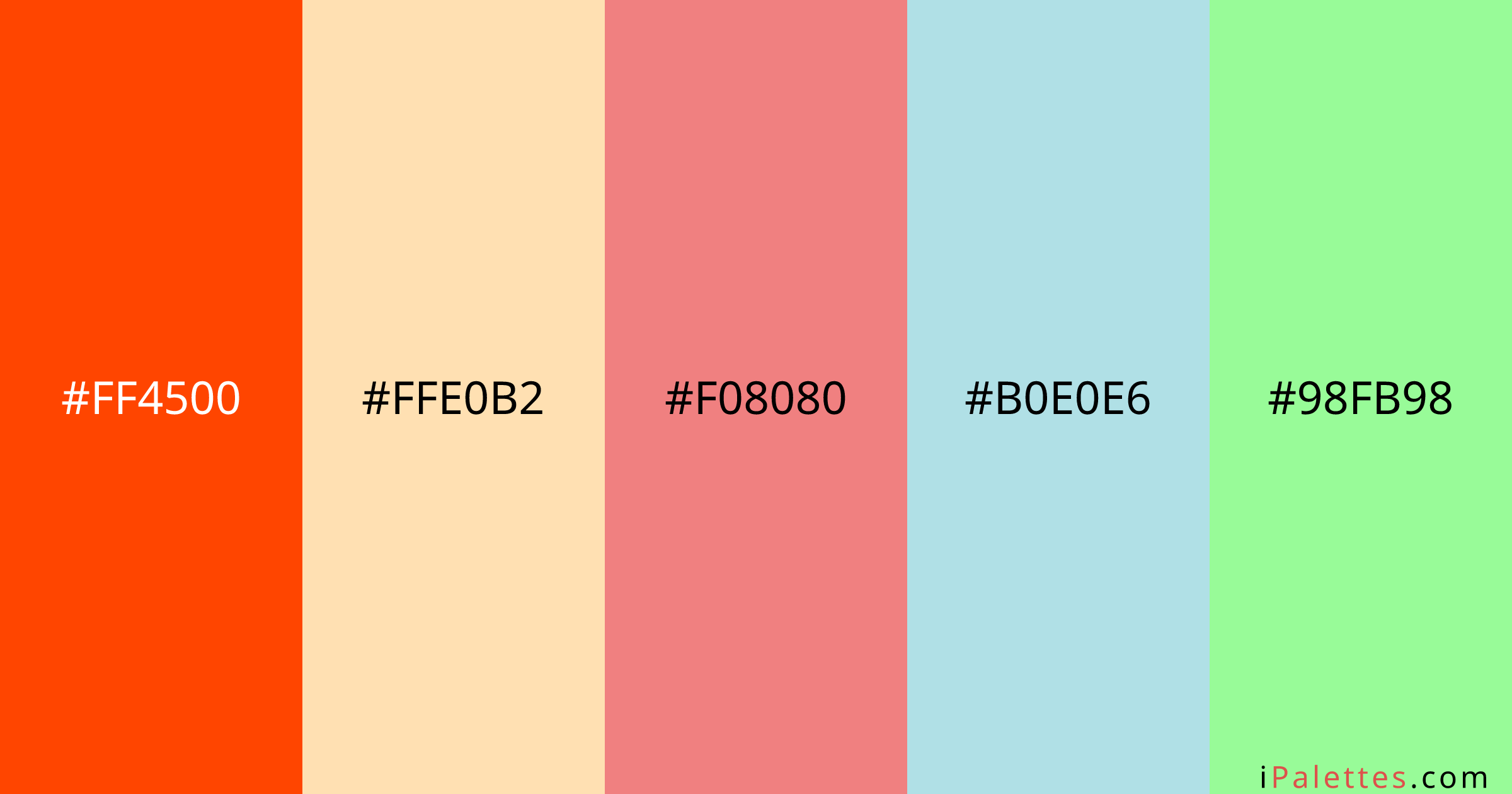 Cherry red and pastels Color Palette and colors #ff4500 #ffe0b2 #f08080 ...