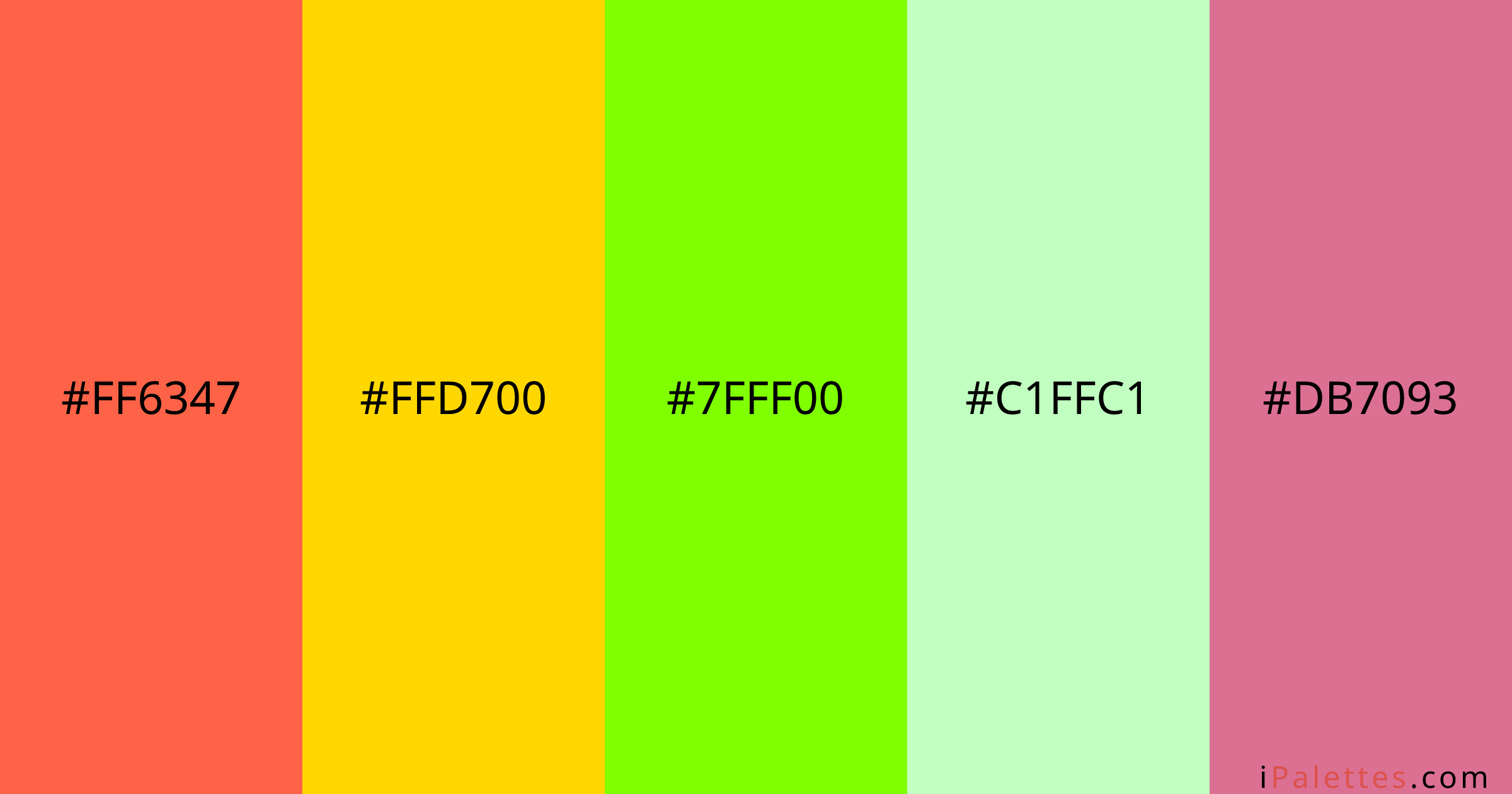 西瓜 Color Palette and colors #ff6347 #ffd700 #7fff00 #c1ffc1 #db7093 ...