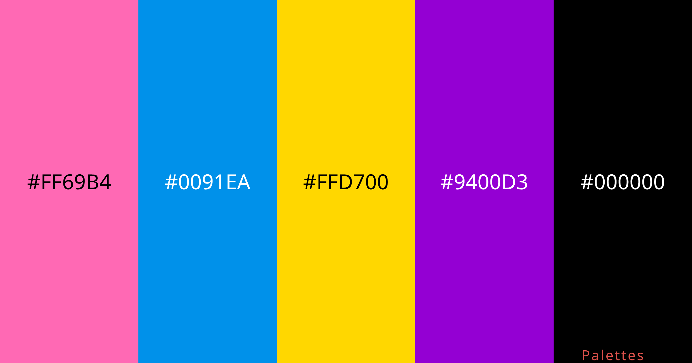 漫威 Color Palette and colors #ff69b4 #0091ea #ffd700 #9400d3 #000000 ...