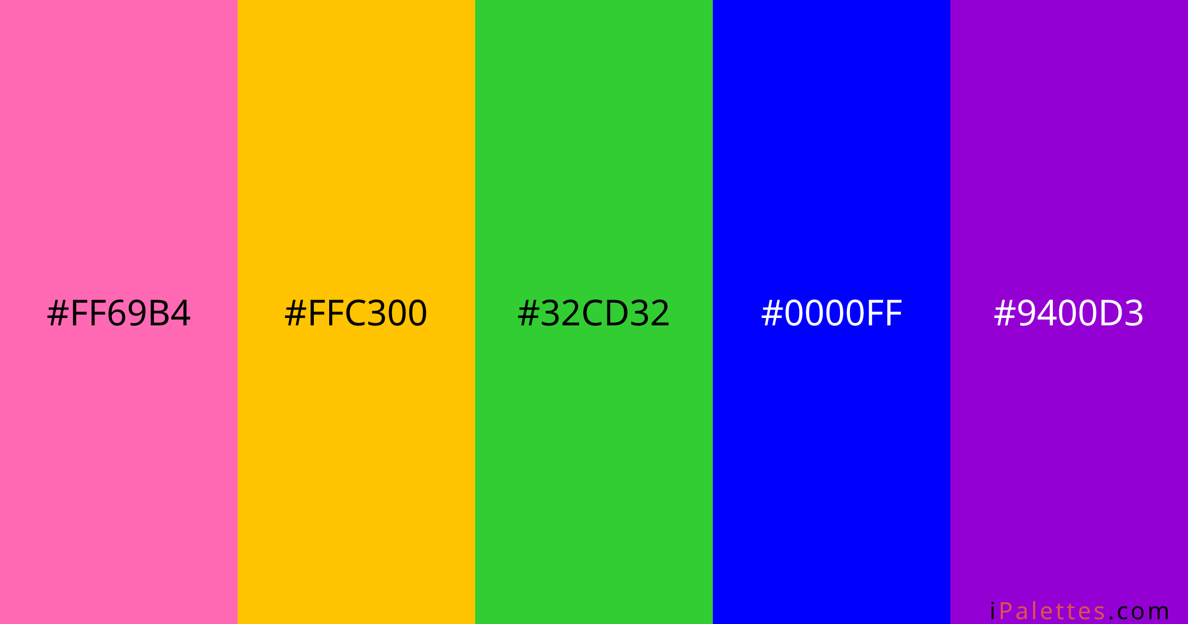 LGBT Color Palette and colors #ff69b4 #ffc300 #32cd32 #0000ff #9400d3 ...