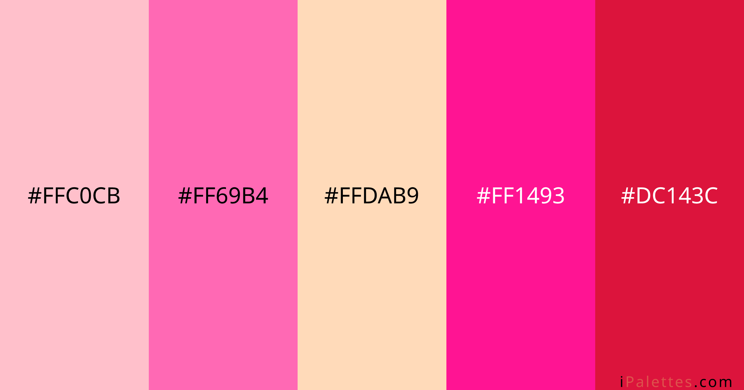 Pink Color Palette and colors #ffc0cb #ff69b4 #ffdab9 #ff1493 #dc143c ...