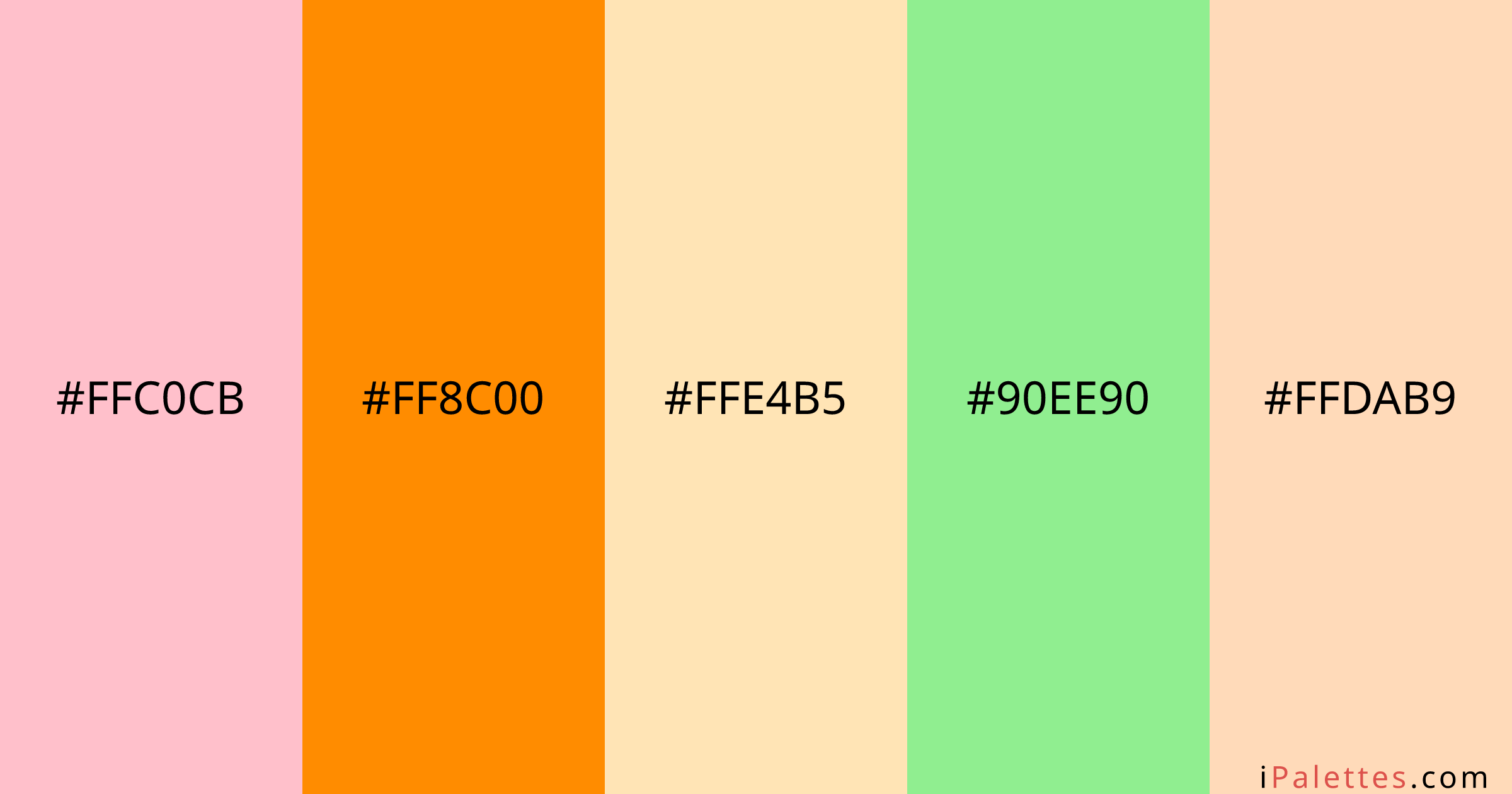 Sally Color Palette and colors #ffc0cb #ff8c00 #ffe4b5 #90ee90 #ffdab9 ...