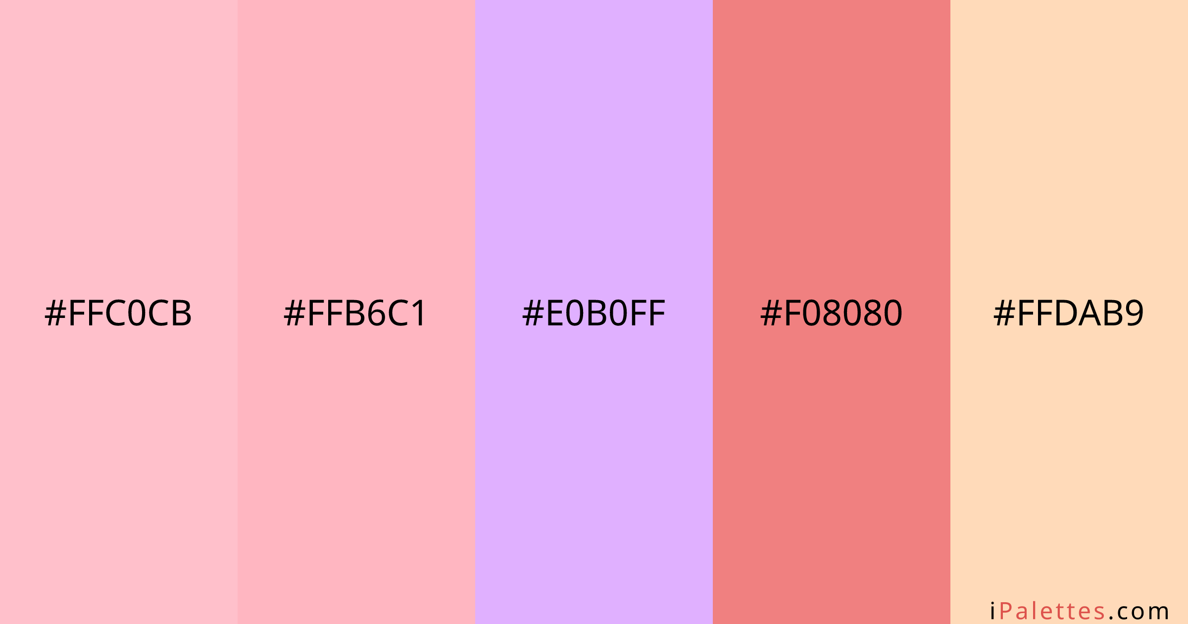 妈妈爱你 Color Palette and colors #ffc0cb #ffb6c1 #e0b0ff #f08080 #ffdab9 ...