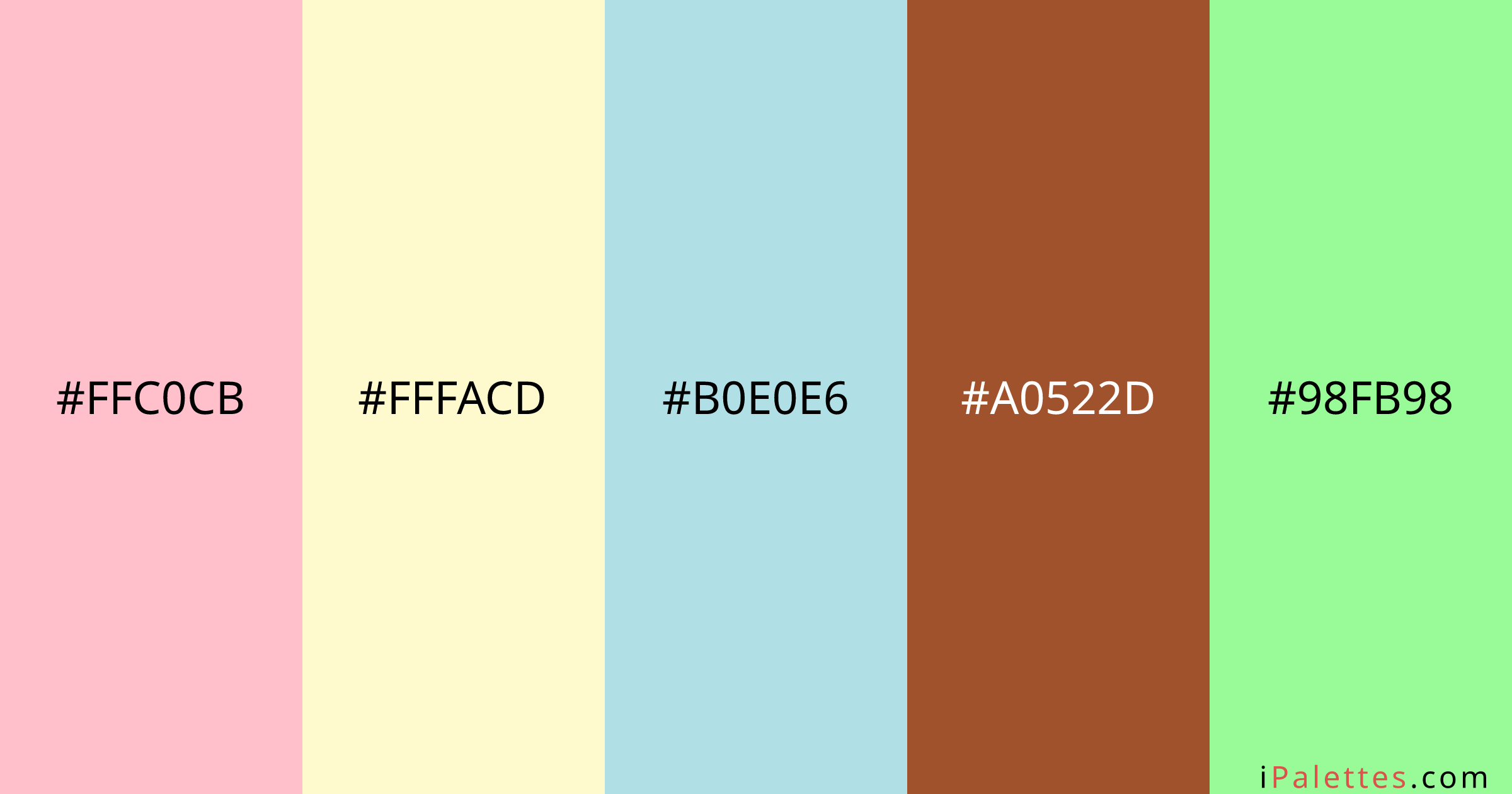 Mari Color Palette and colors #ffc0cb #fffacd #b0e0e6 #a0522d #98fb98 ...