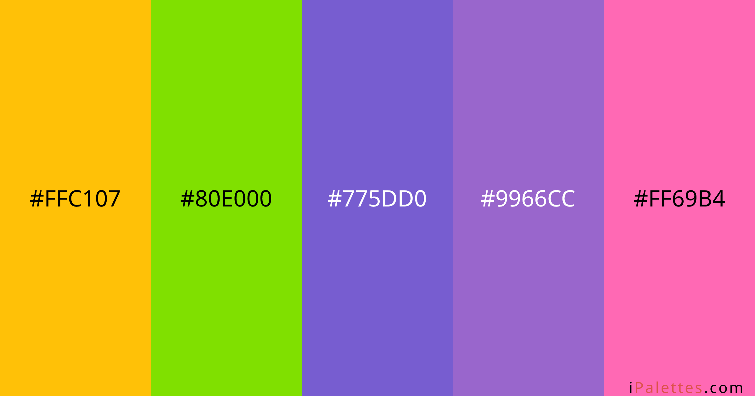 Vee version 2 Color Palette and colors #ffc107 #80e000 #775dd0 #9966cc ...
