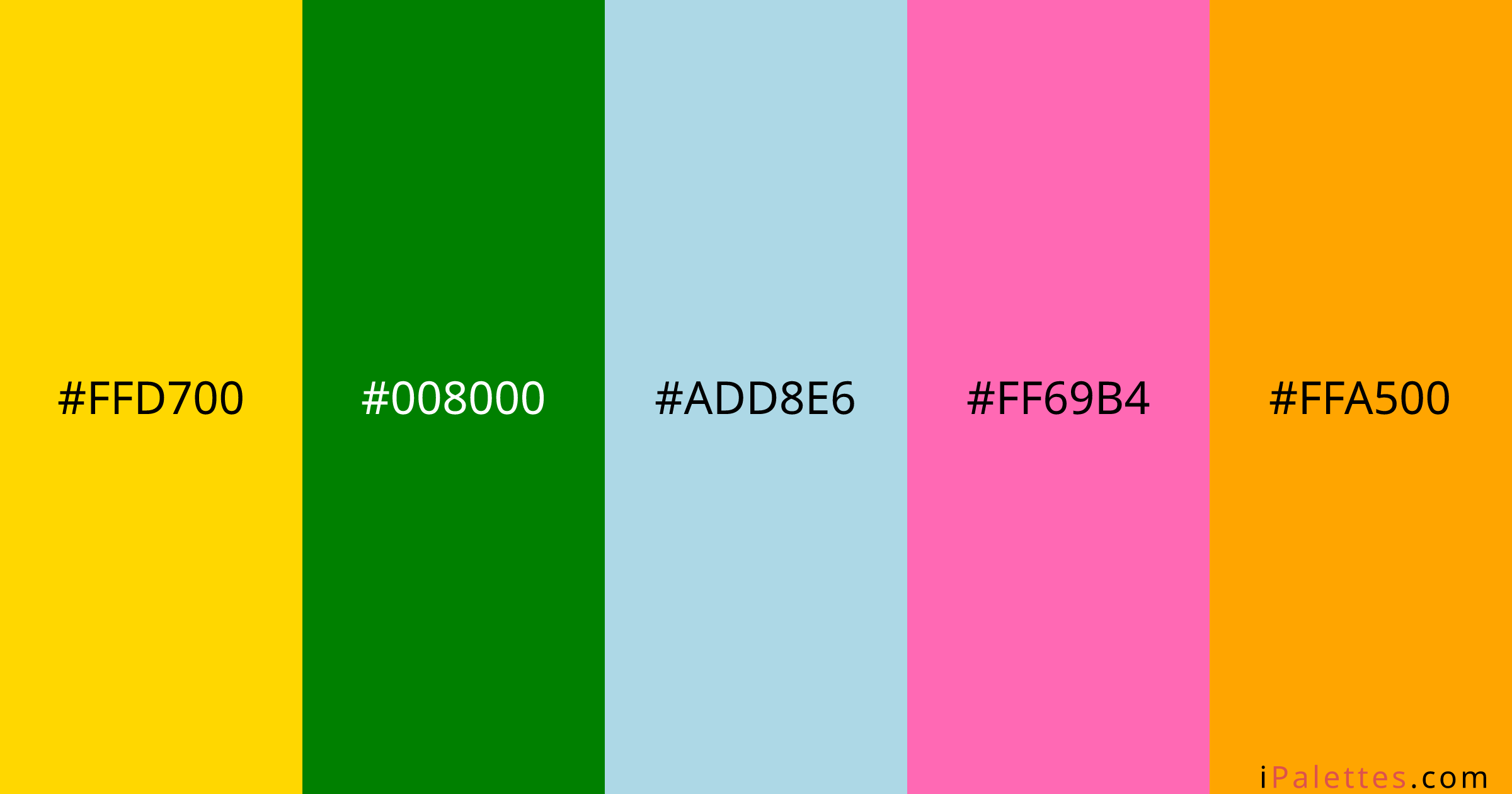 Summer Color Palette and colors #ffd700 #008000 #add8e6 #ff69b4 #ffa500 ...