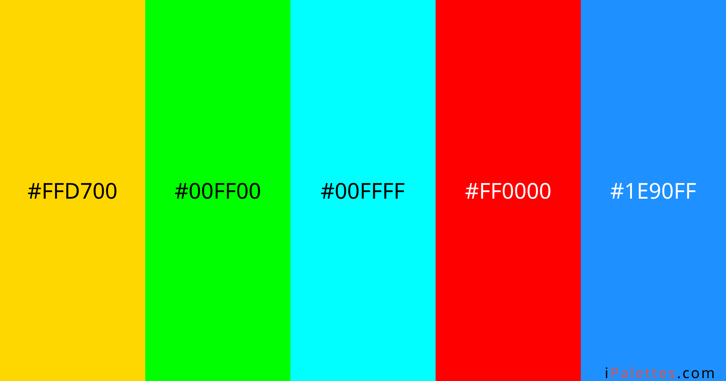 Rocket Color Palette and colors #ffd700 #00ff00 #00ffff #ff0000 #1e90ff ...