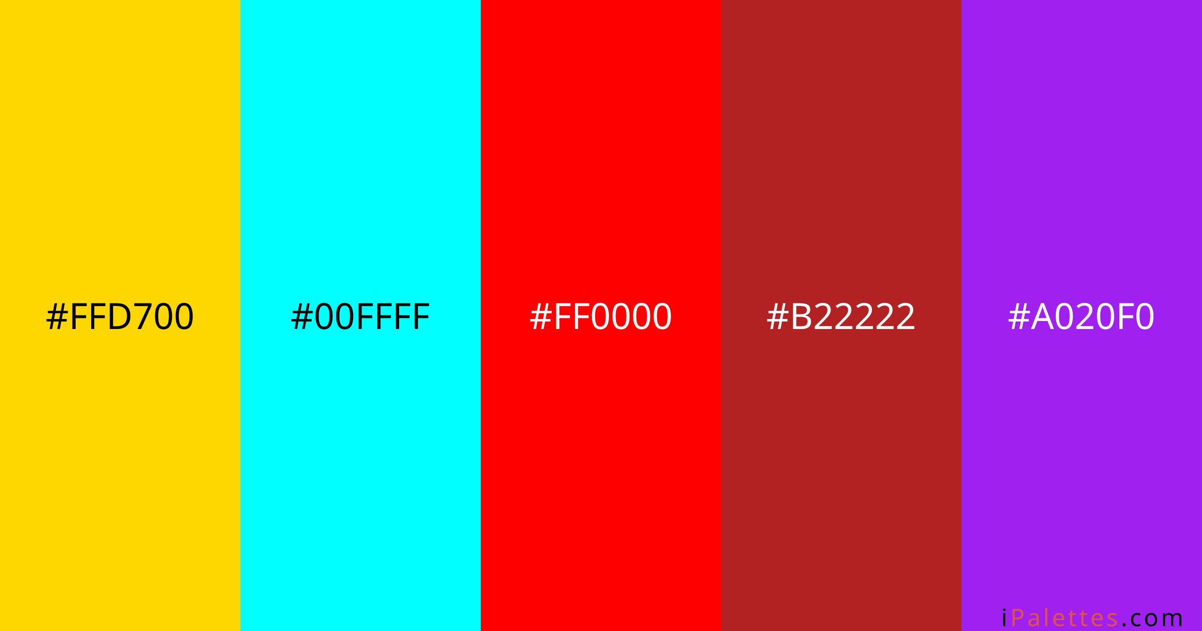 Electric Color Palette and colors #ffd700 #00ffff #ff0000 #b22222 # ...
