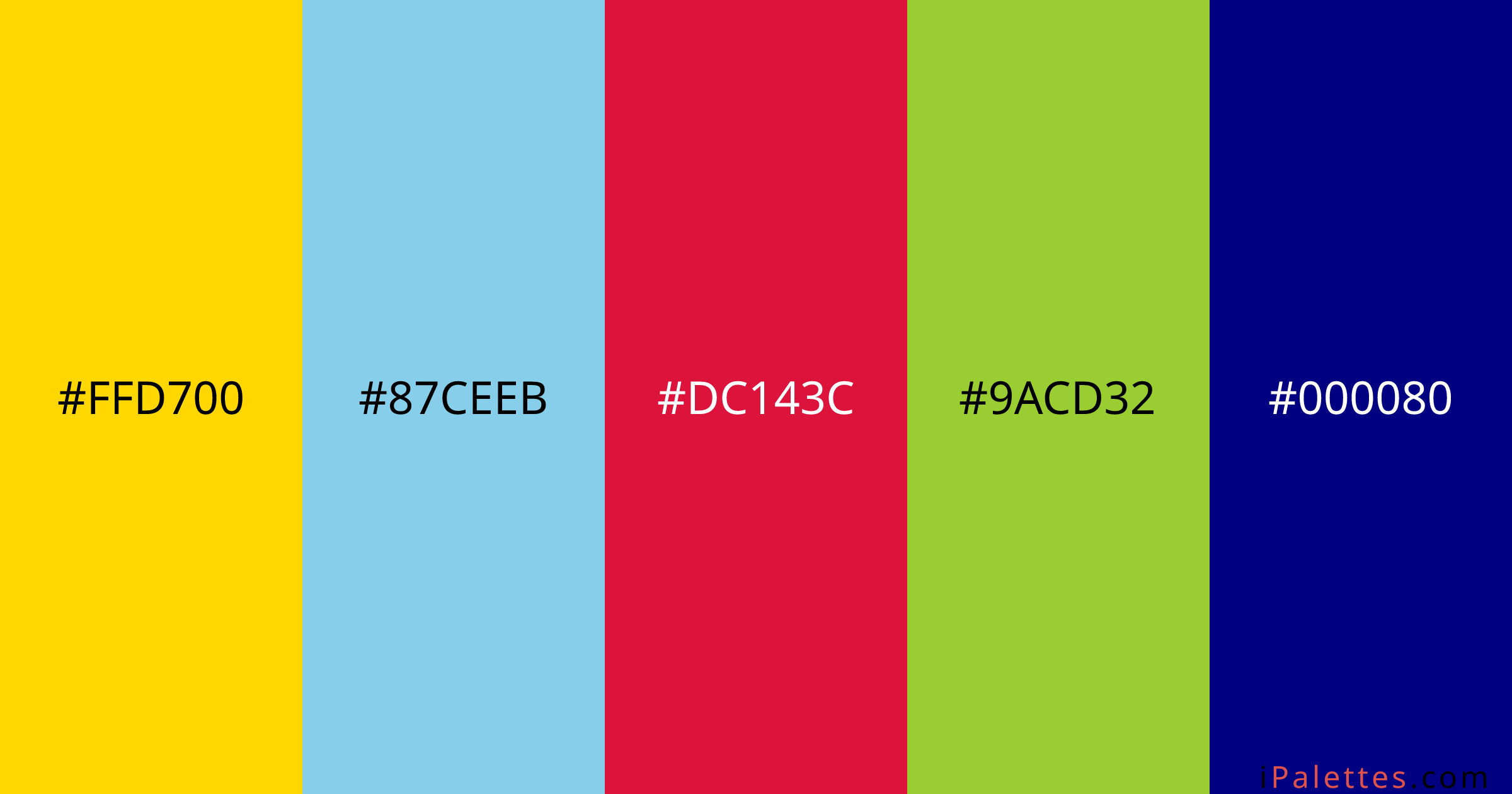Vee Color Palette and colors #ffd700 #87ceeb #dc143c #9acd32 #000080 ...
