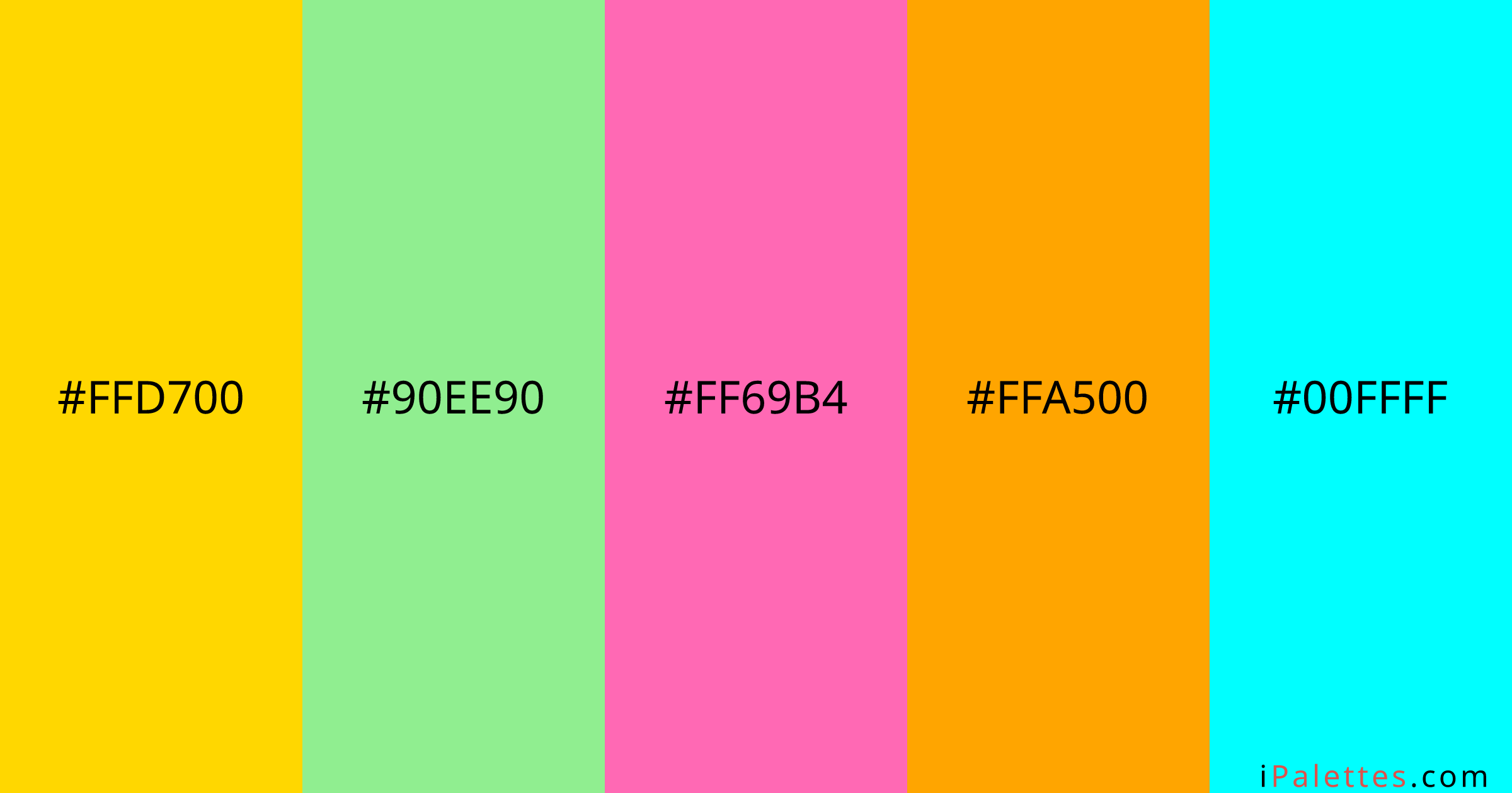 Summer Color Palette and colors #ffd700 #90ee90 #ff69b4 #ffa500 #00ffff ...