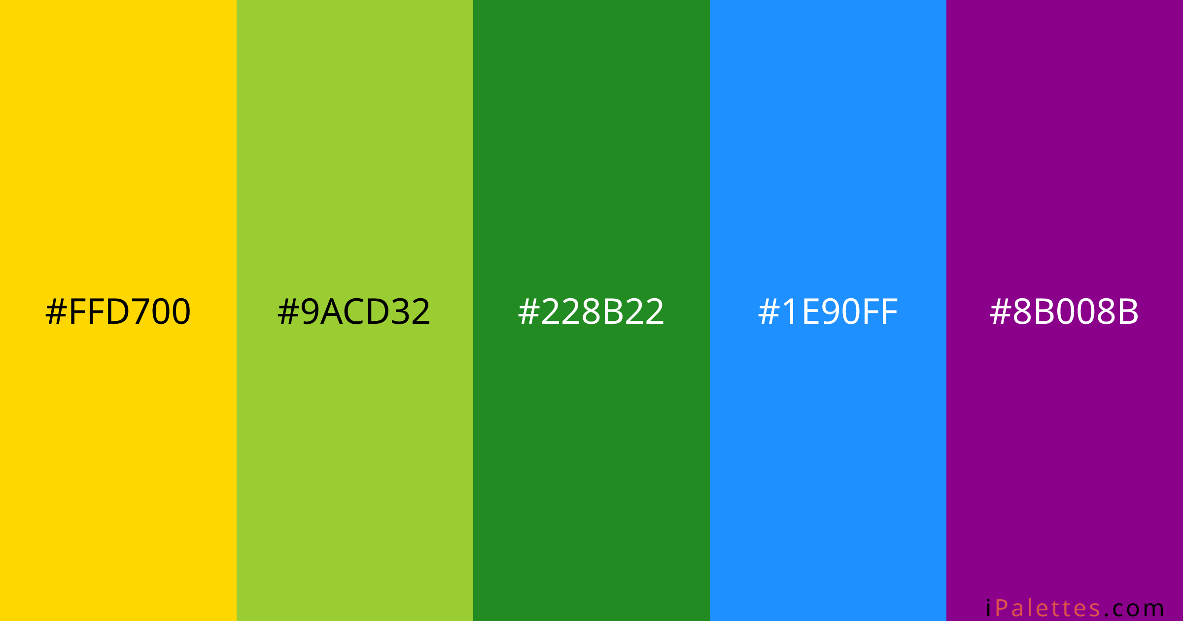 Exands Color Palette and colors #ffd700 #9acd32 #228b22 #1e90ff #8b008b ...