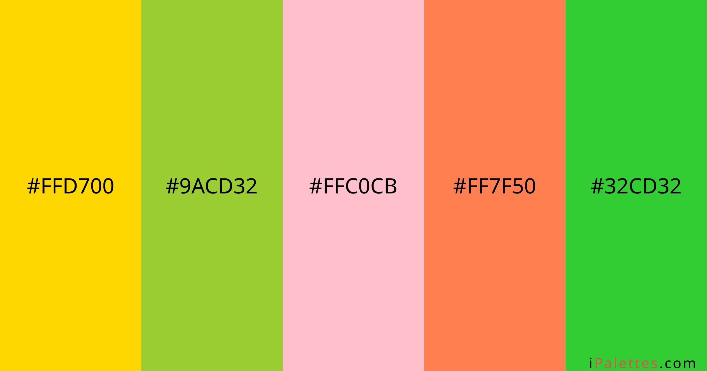 Joke Color Palette and colors #ffd700 #9acd32 #ffc0cb #ff7f50 #32cd32 ...