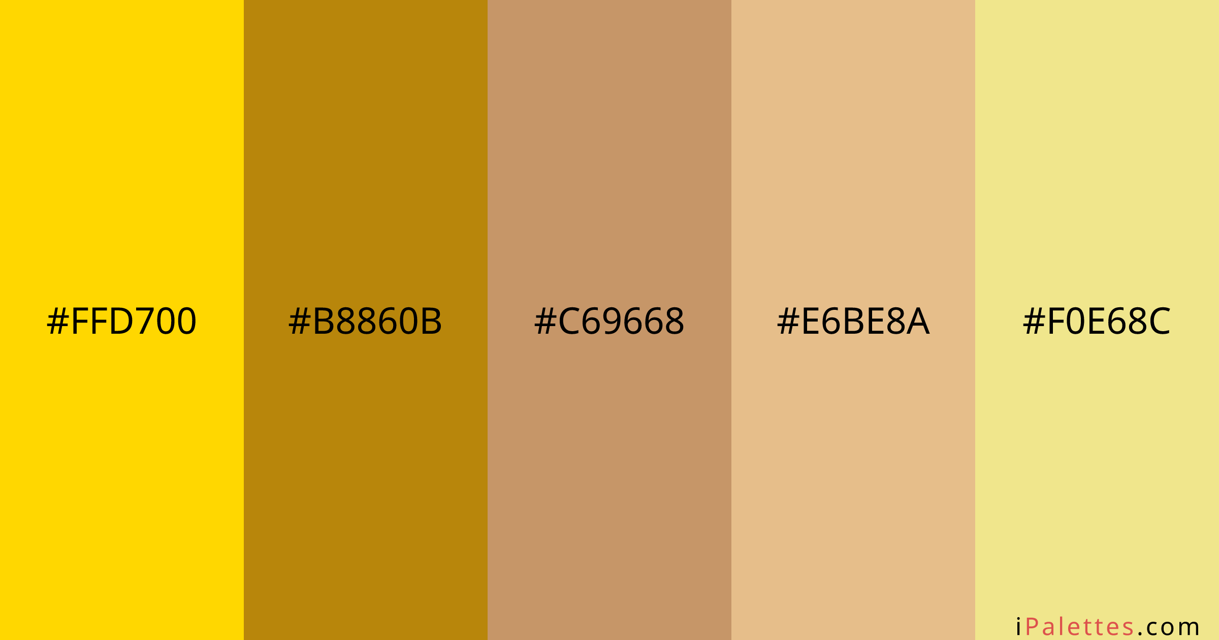 Golden Color Palette and colors #ffd700 #b8860b #c69668 #e6be8a #f0e68c ...
