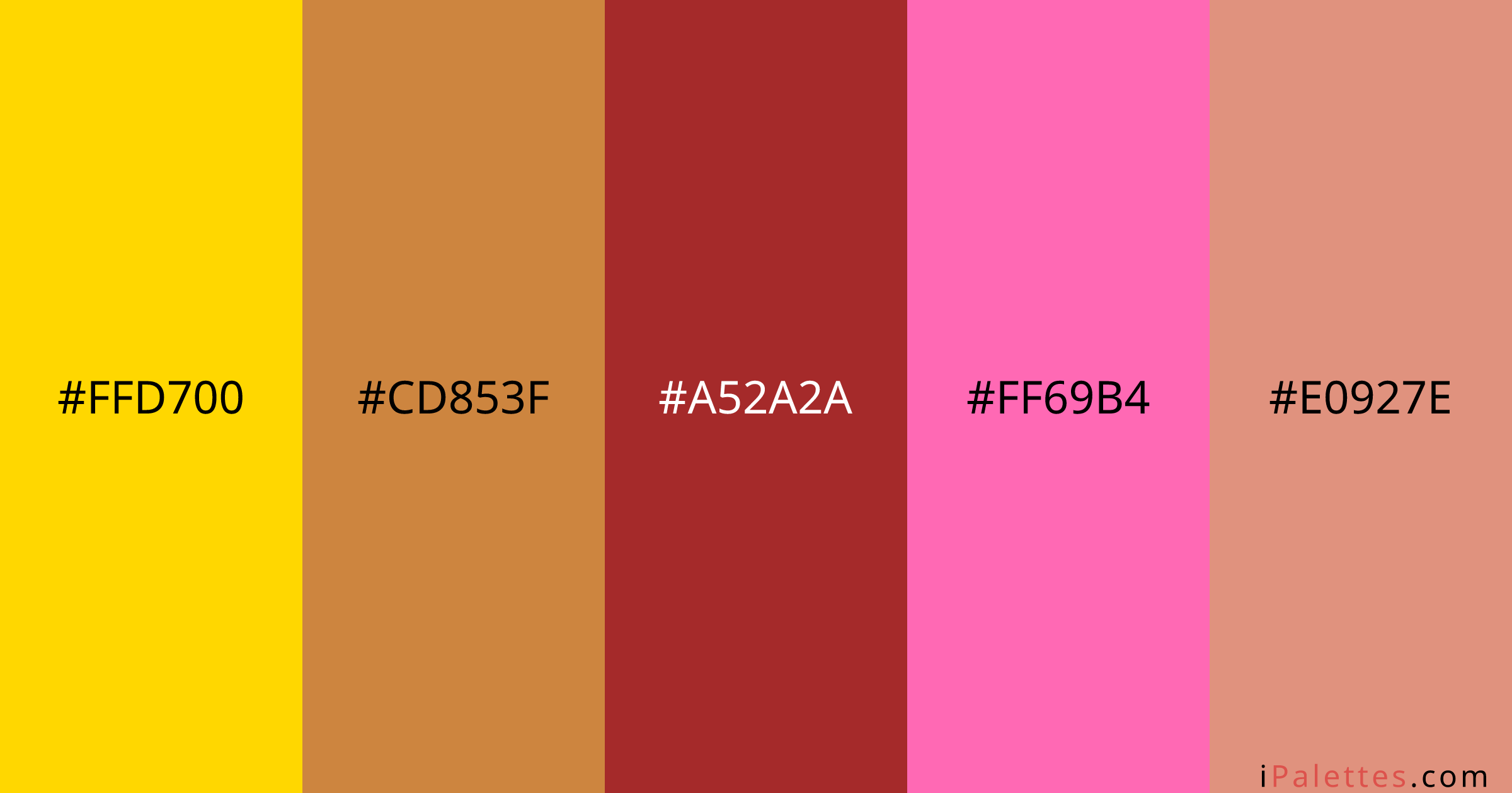 Toto Color Palette and colors #ffd700 #cd853f #a52a2a #ff69b4 #e0927e ...