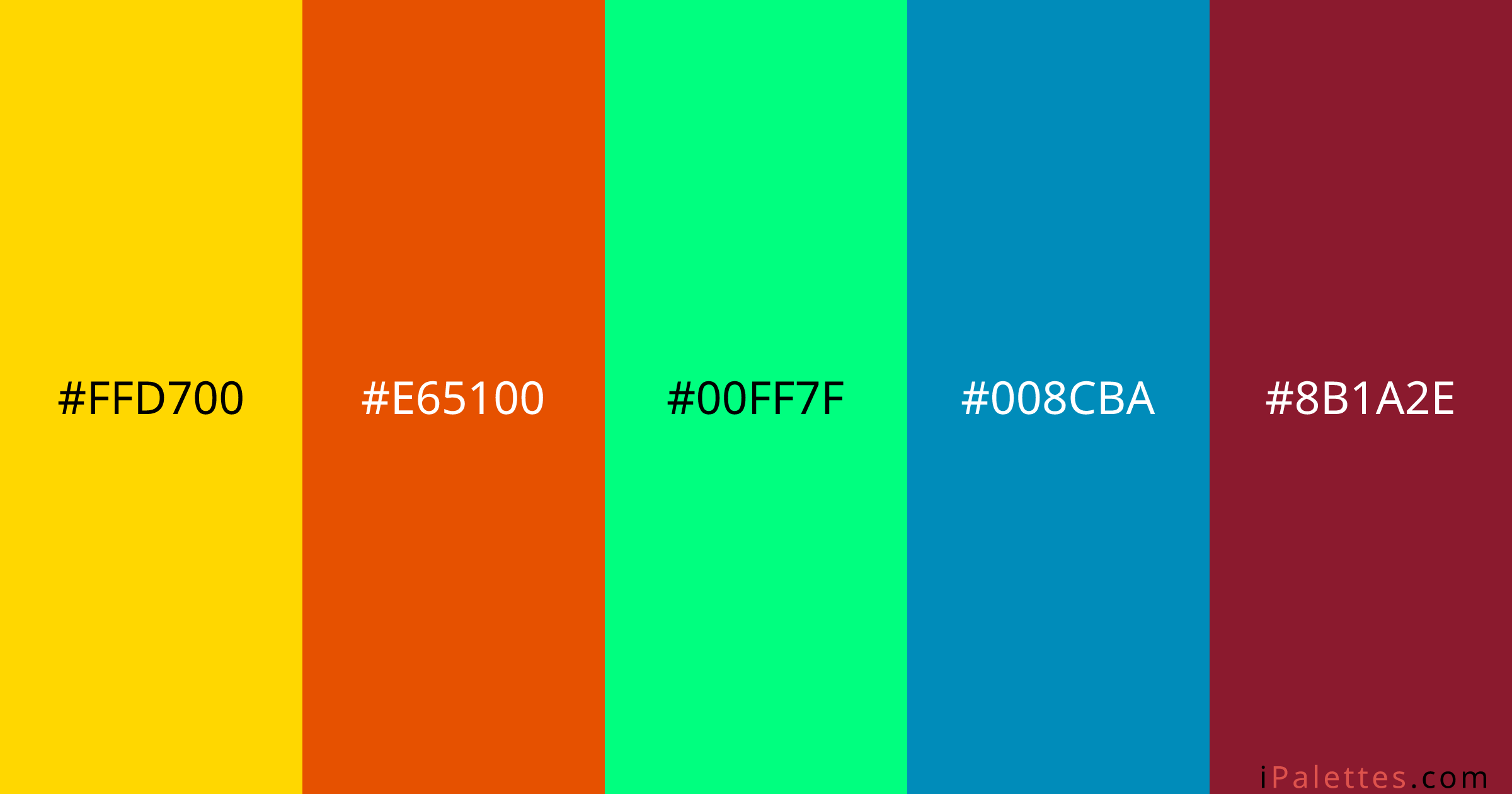 Exciting Color Palette and colors #ffd700 #e65100 #00ff7f #008cba ...
