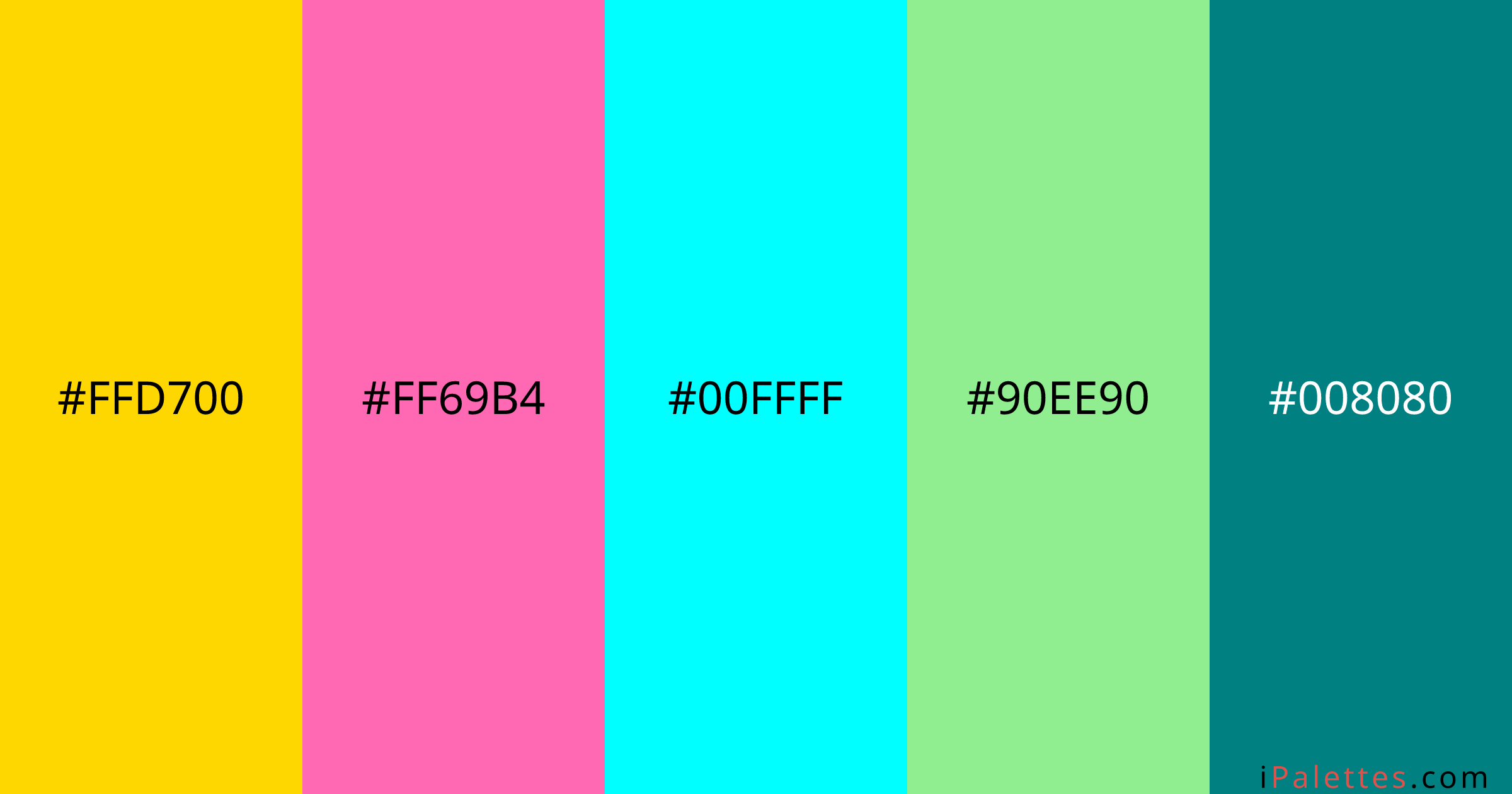 Party Color Palette and colors #ffd700 #ff69b4 #00ffff #90ee90 #008080 ...