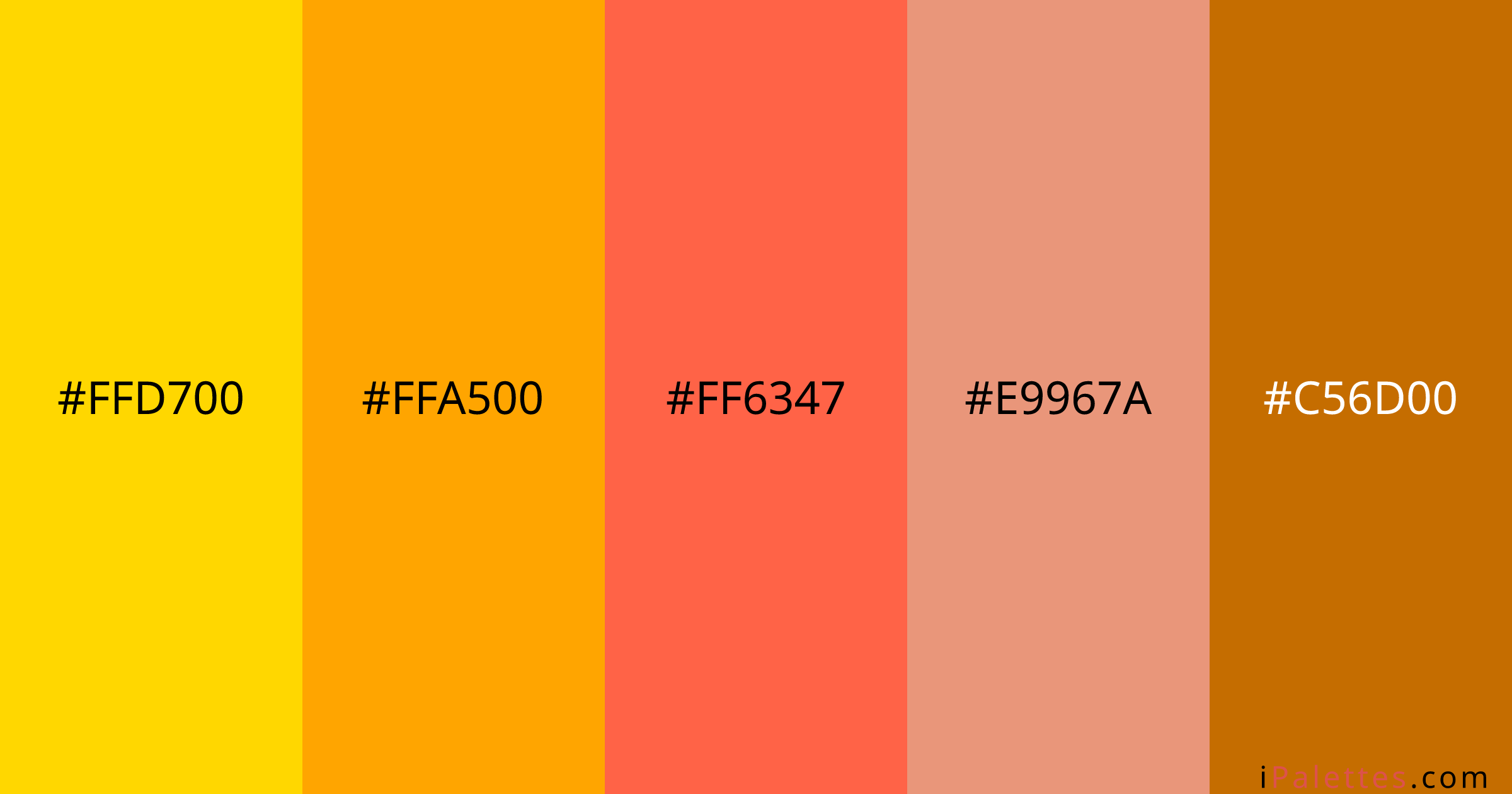 Sunset Color Palette and colors #ffd700 #ffa500 #ff6347 #e9967a #c56d00 ...