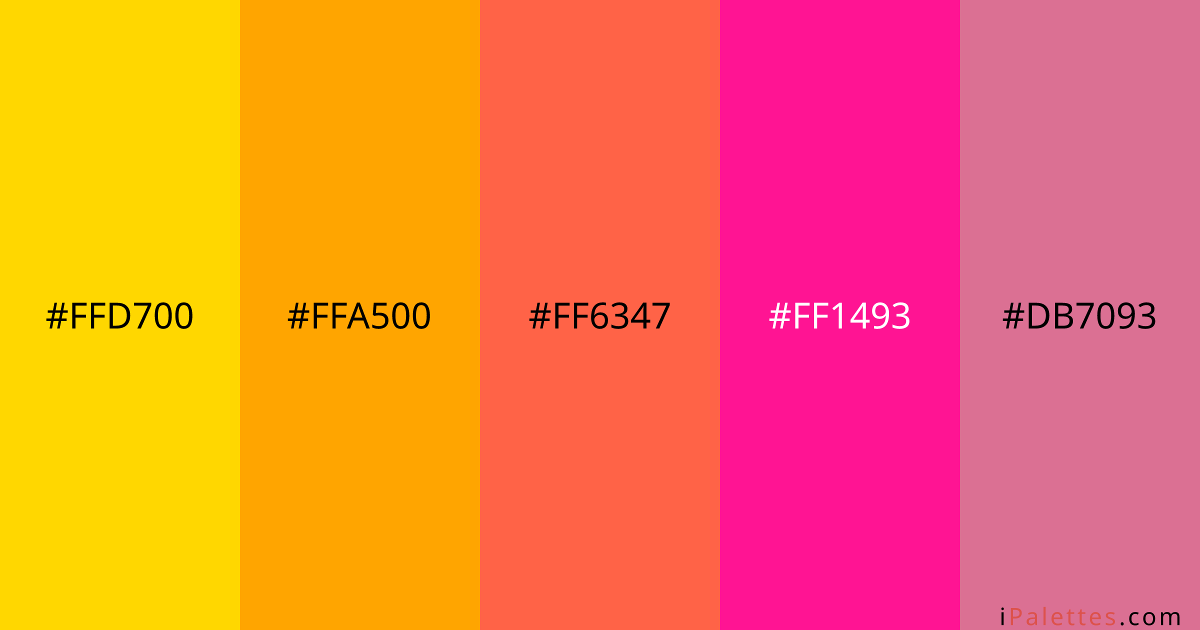 Sunset Color Palette and colors #ffd700 #ffa500 #ff6347 #ff1493 #db7093 ...