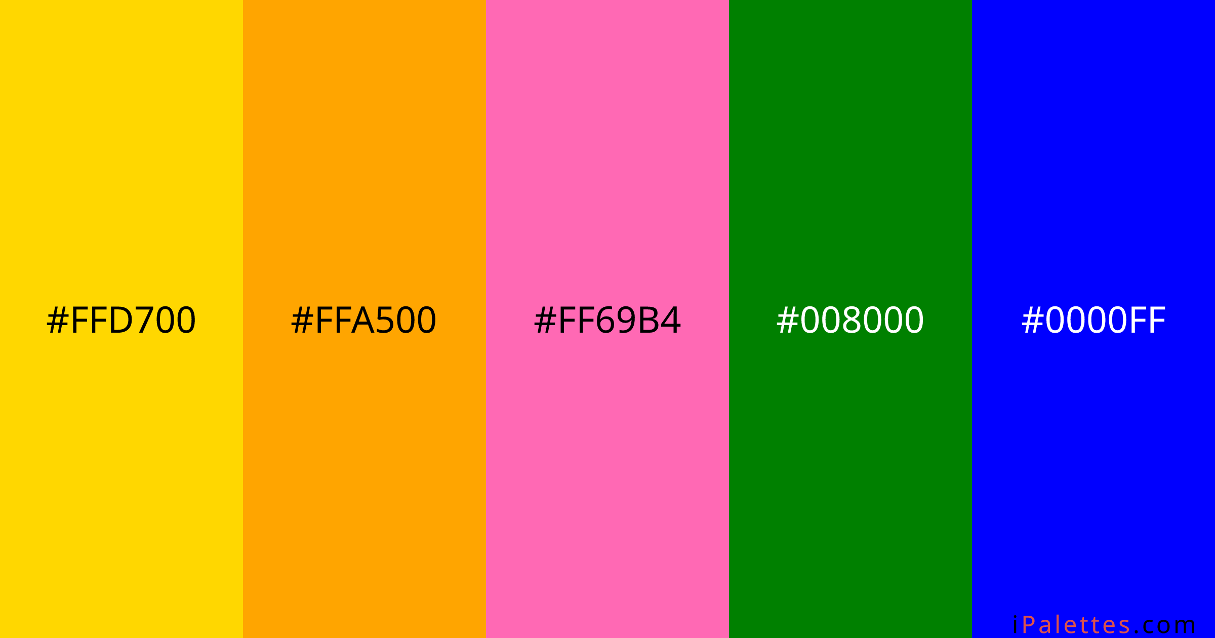 Exciting Color Palette and colors #ffd700 #ffa500 #ff69b4 #008000 ...