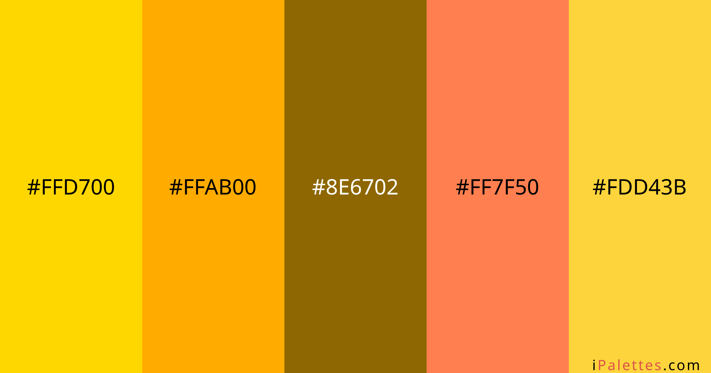 Sun Color Palette and colors #ffd700 #ffab00 #8e6702 #ff7f50 #fdd43b ...