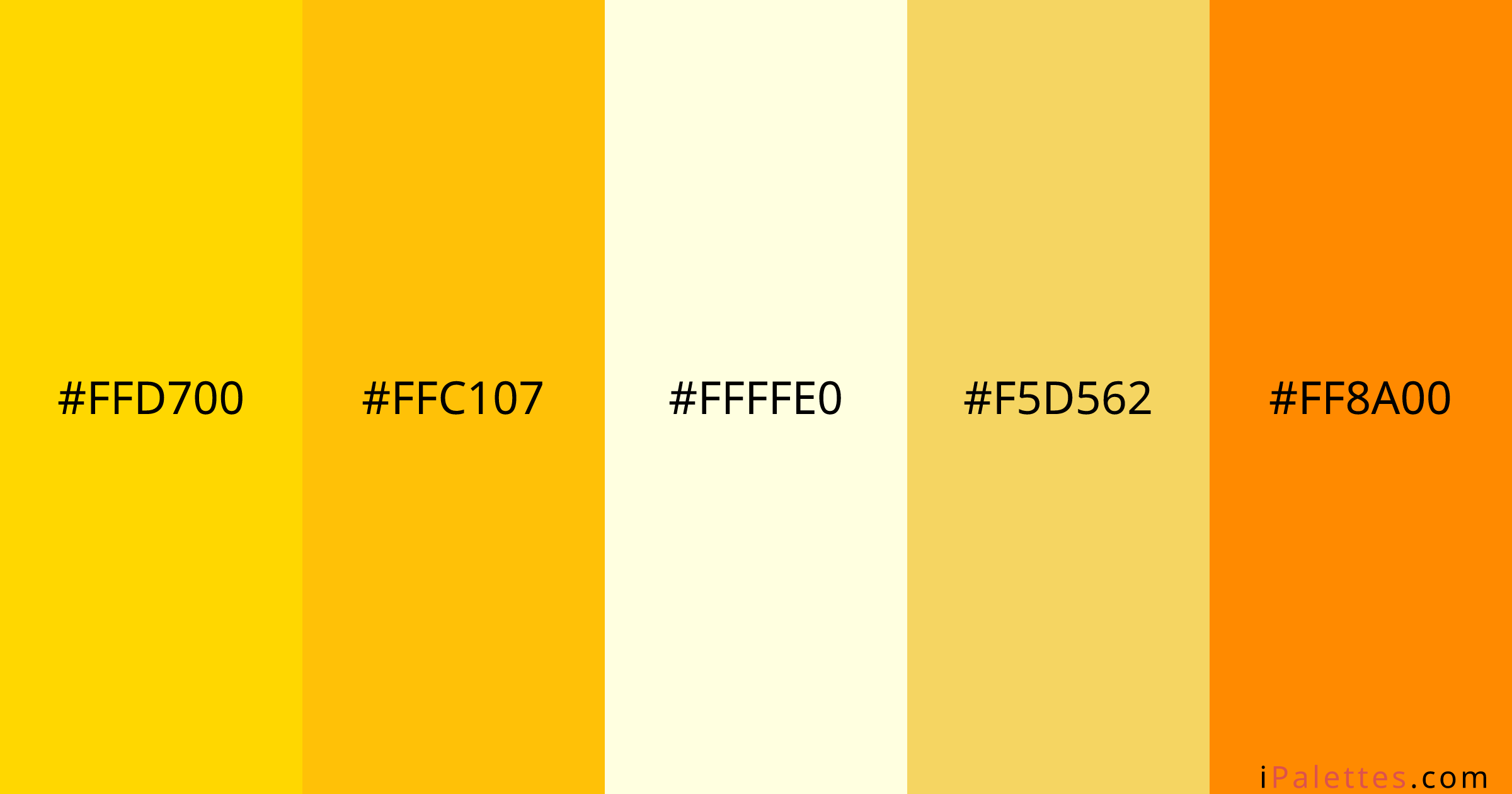 Sunny Color Palette and colors #ffd700 #ffc107 #ffffe0 #f5d562 #ff8a00 ...