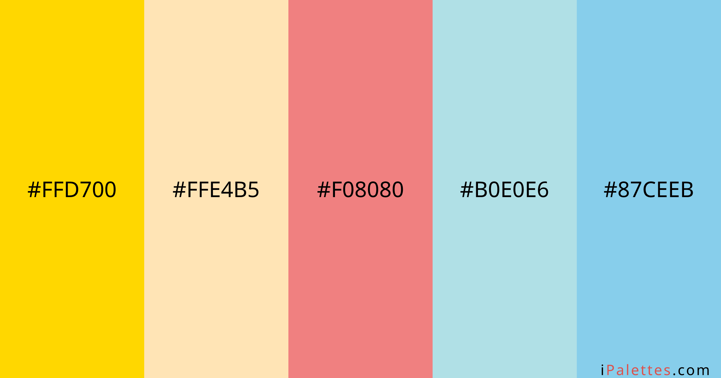 Dawn Color Palette and colors #ffd700 #ffe4b5 #f08080 #b0e0e6 #87ceeb ...