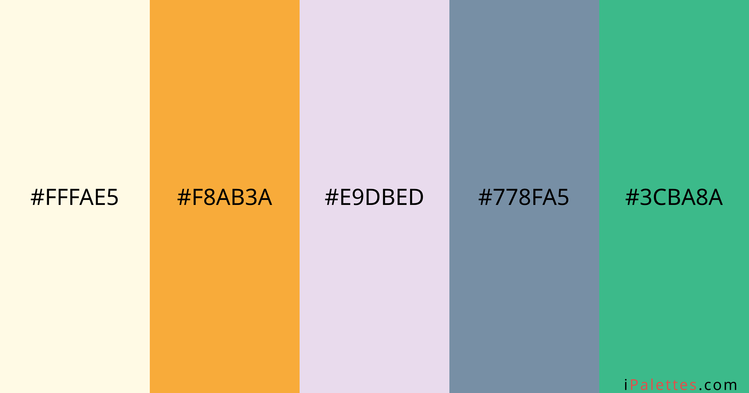 Daisyui Color Palette and colors #fffae5 #f8ab3a #e9dbed #778fa5 ...